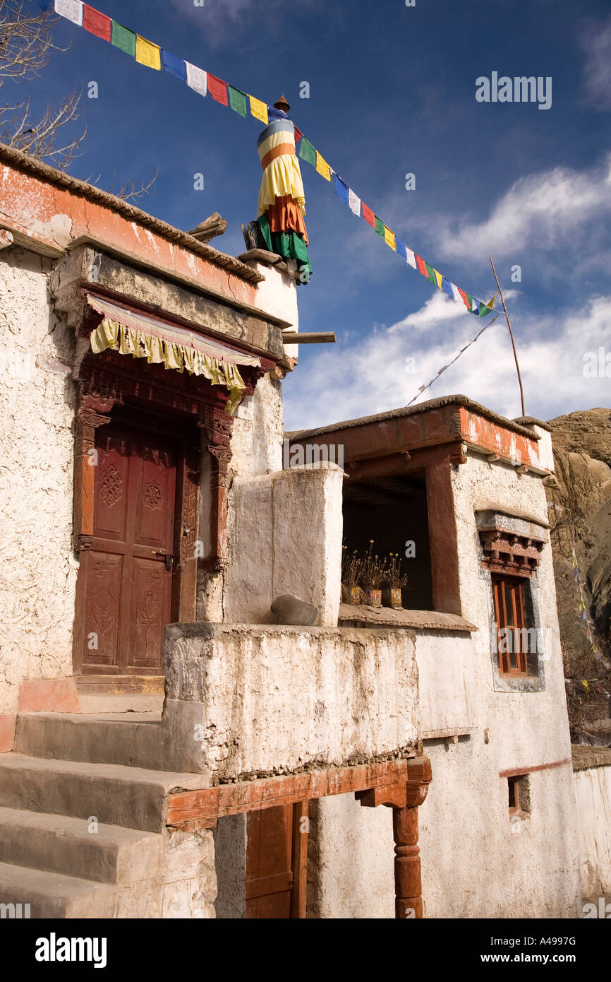 India Ladakh Leh Valley Alchi village Prayer flags flying over house ...