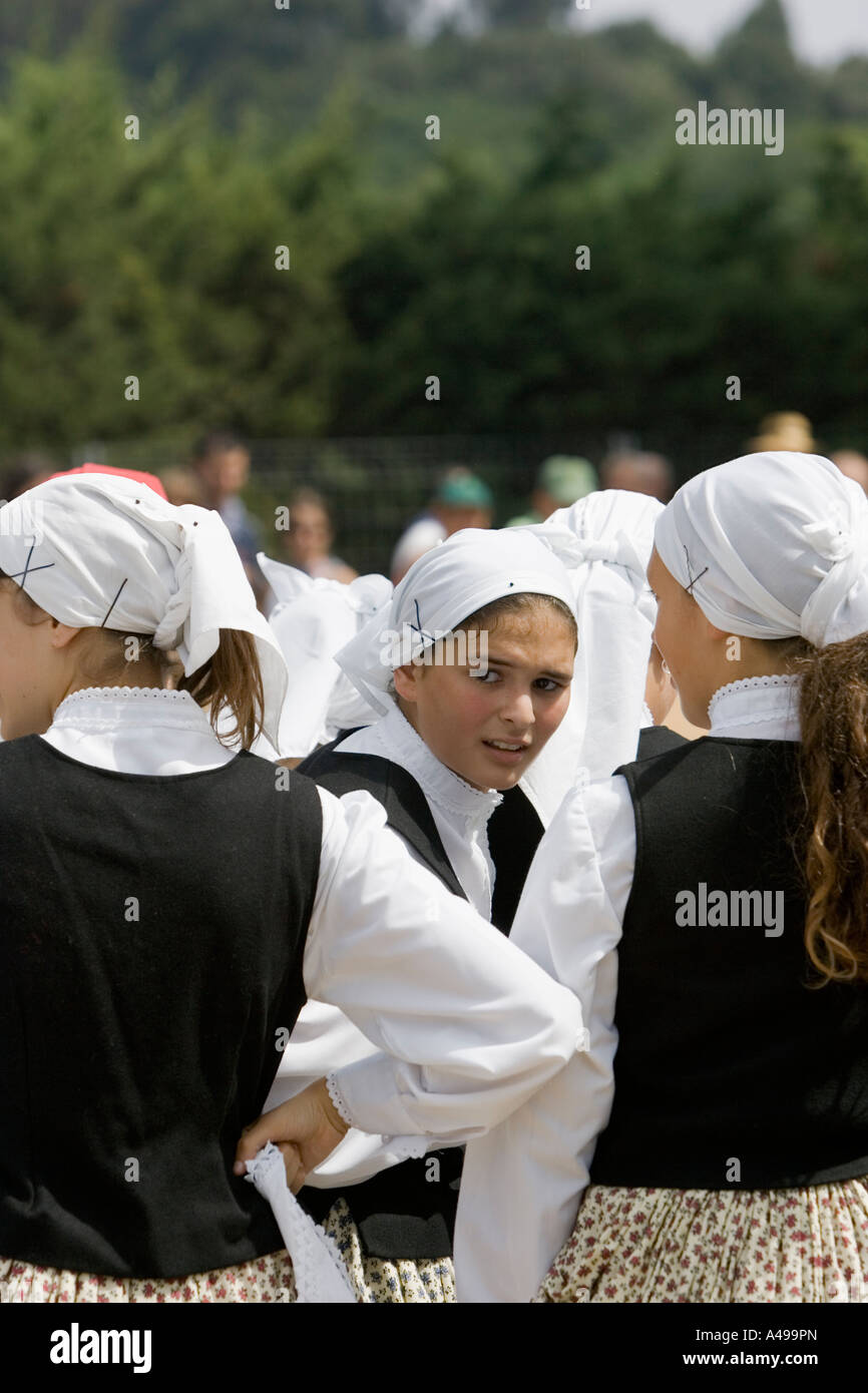 A group of Basque women wearing traditional folk costume fiesta Andra ...