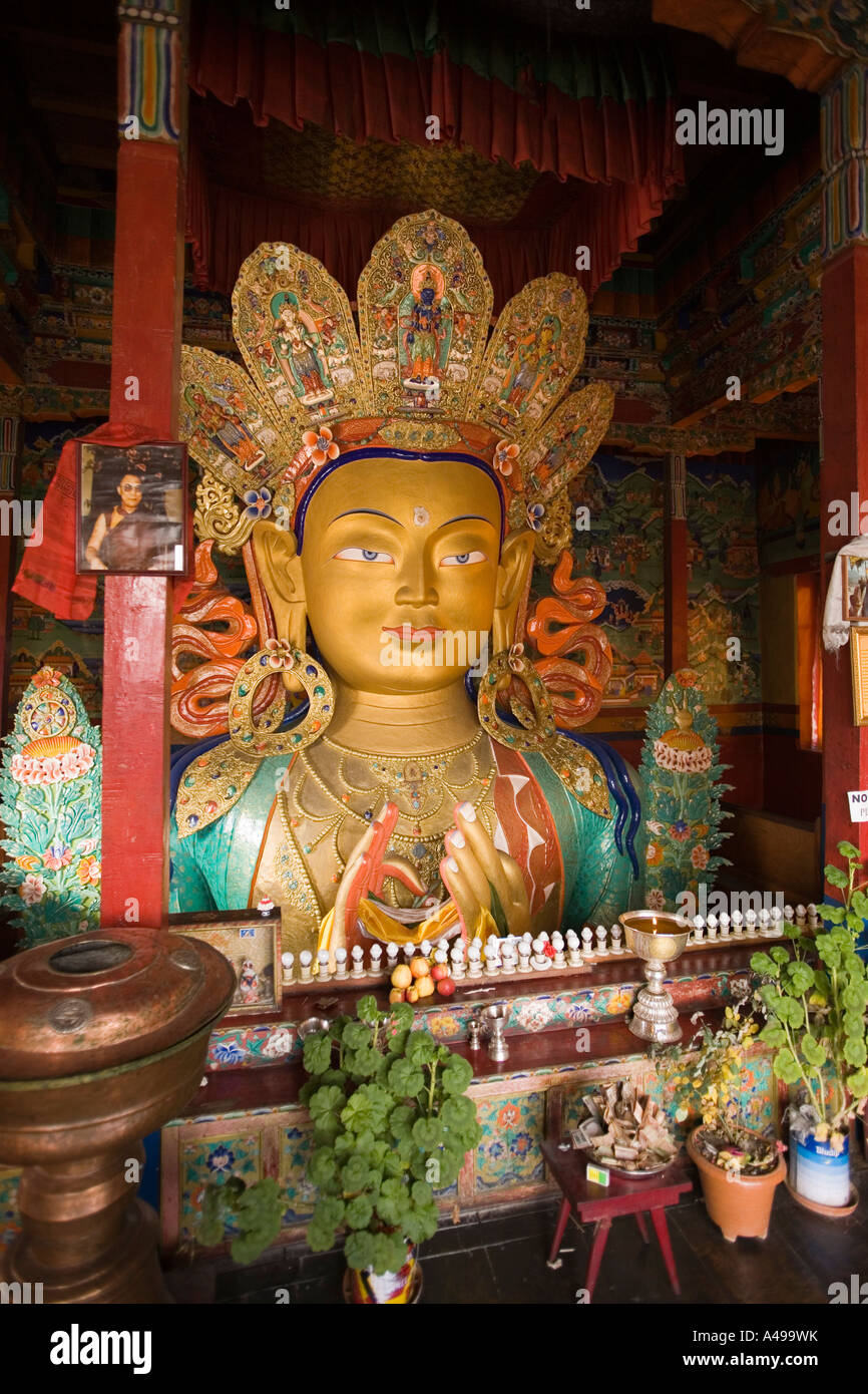 India Ladakh Leh Valley Tikse Gompa Maitreya temple offerings on altar ...