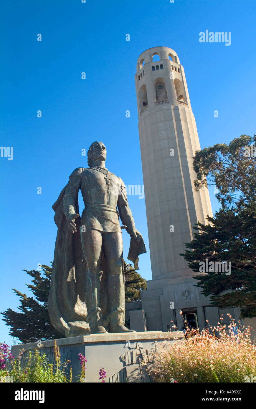 California San Francisco Christopher Columbus statue and Coit Tower ...