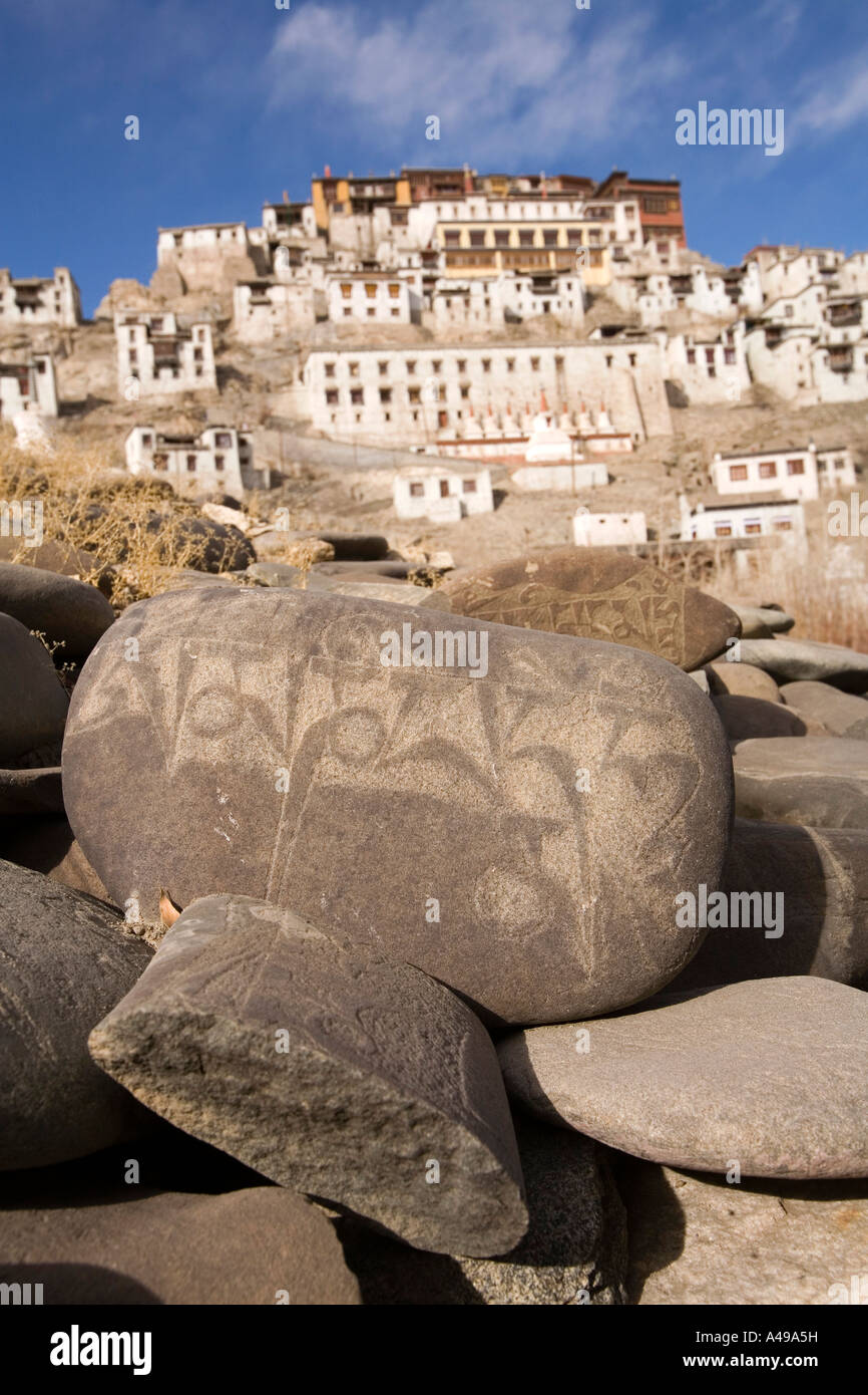 India Ladakh Leh Valley Mani stones at Tikse Gompa differential focus ...