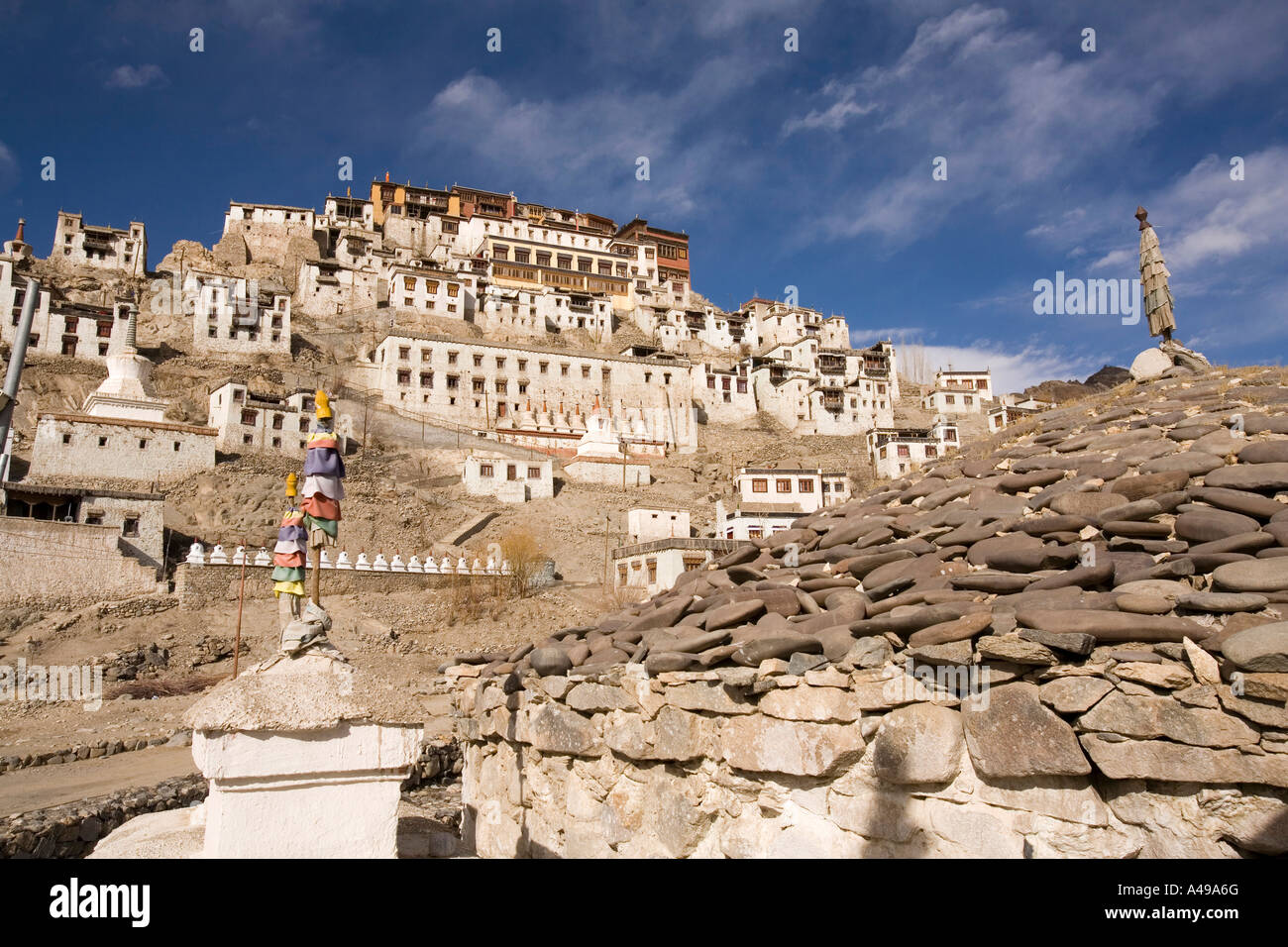 India Ladakh Leh Valley Tikse Gompa above chorten topped with mani ...