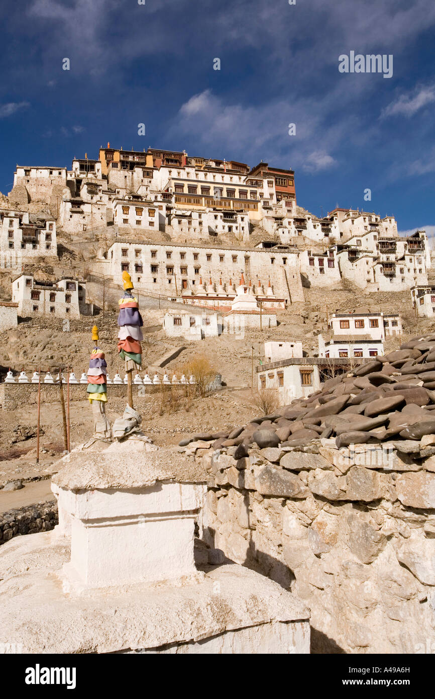 India Ladakh Leh Valley Tikse Gompa above chorten topped with mani ...