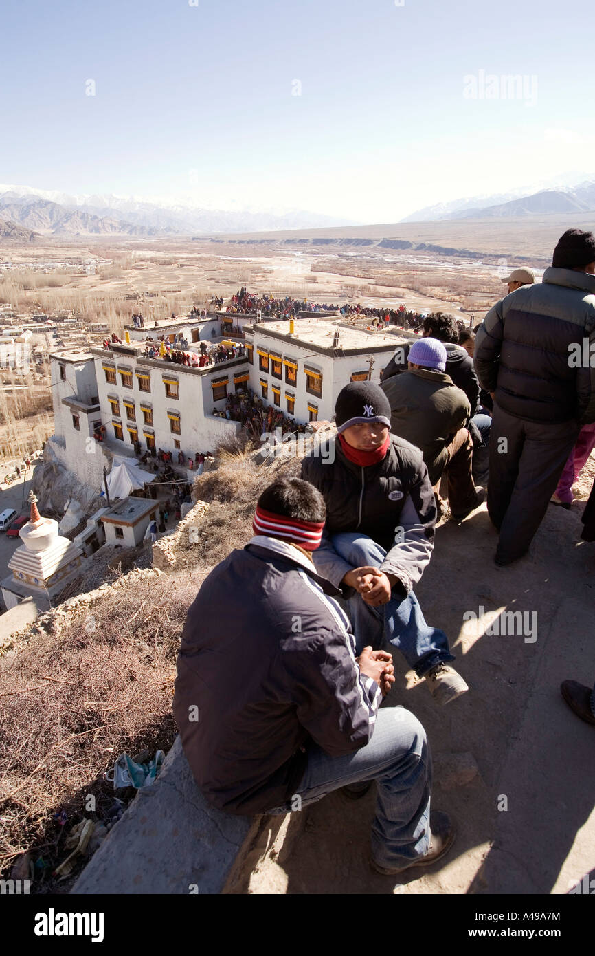 India Ladakh Leh Valley Spitok Gompa at festival time from the Paldan ...