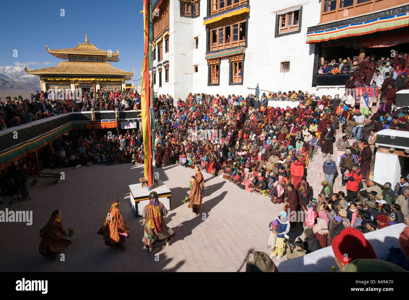India Ladakh Leh Valley Spitok Gompa festival pilgrims watching dance ...