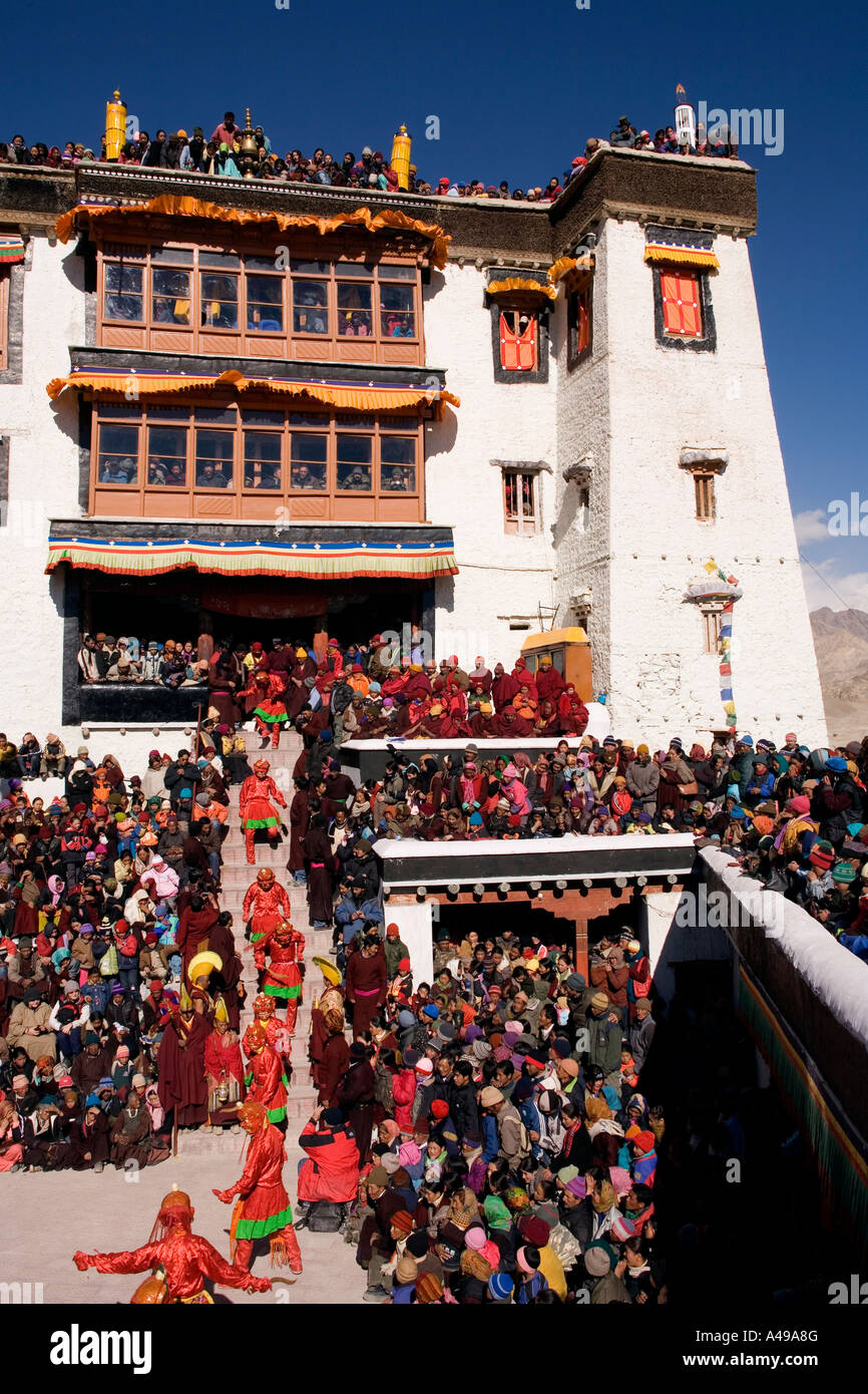 India Ladakh Leh Valley Spitok Gompa festival dancers entering ...