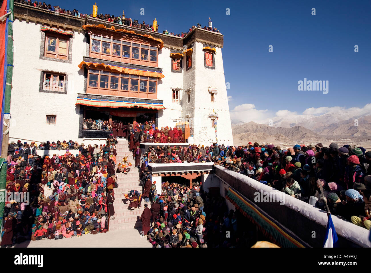 India Ladakh Leh Valley Spitok Gompa festival dancers entering ...