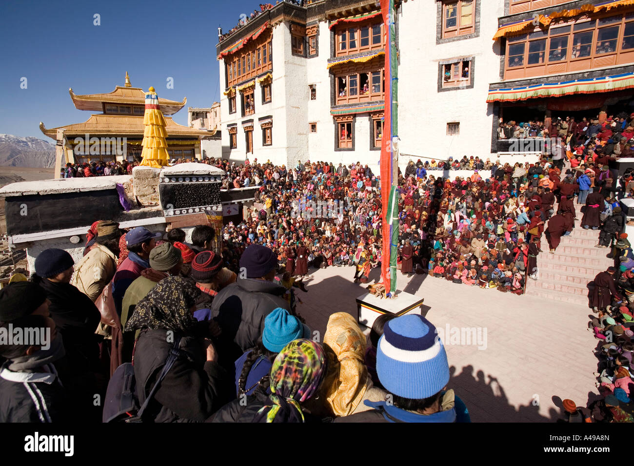 India Ladakh Leh Valley Spitok Gompa festival people crowded around ...