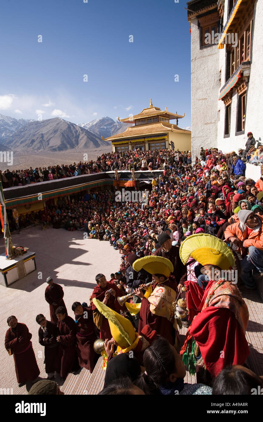 India Ladakh Leh Valley Spitok Gompa festival yellow hat musicians ...