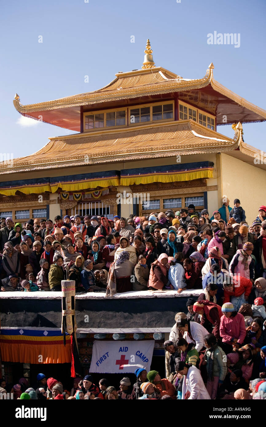 India Ladakh Leh Valley Spitok Gompa festival people crowded around ...