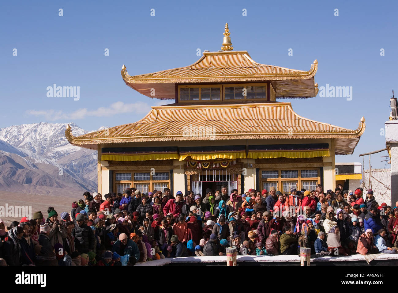 India Ladakh Leh Valley Spitok Gompa festival people crowded above ...