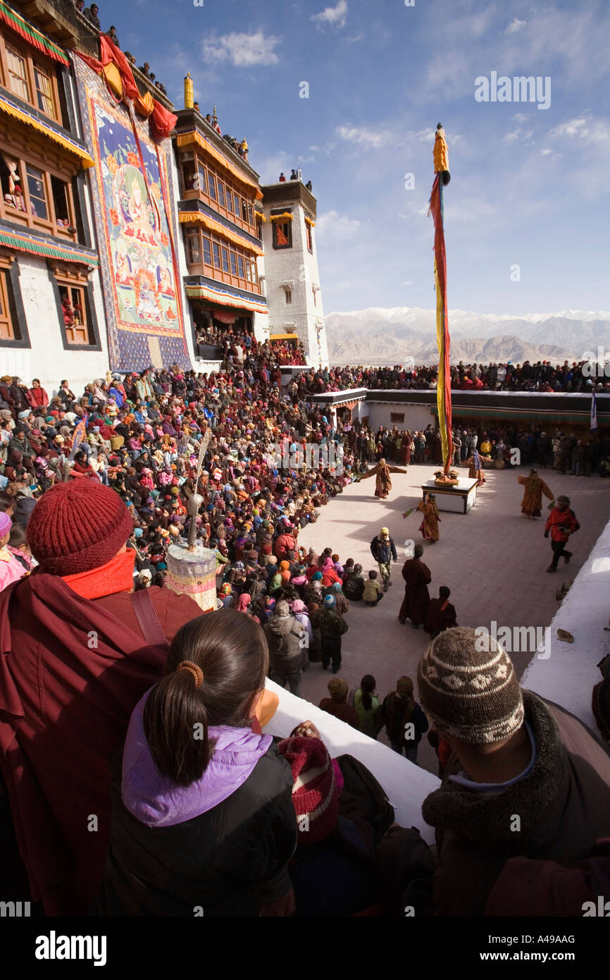 India Ladakh Leh Valley Spitok Gompa festival crowd watching religious ...