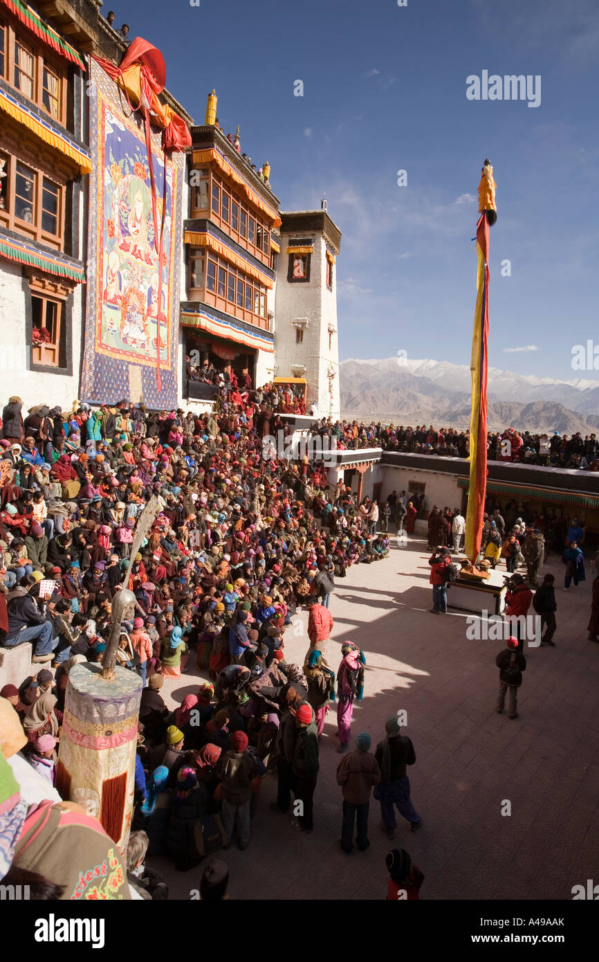 India Ladakh Leh Valley Spitok Gompa festival crowd below the unveiled ...