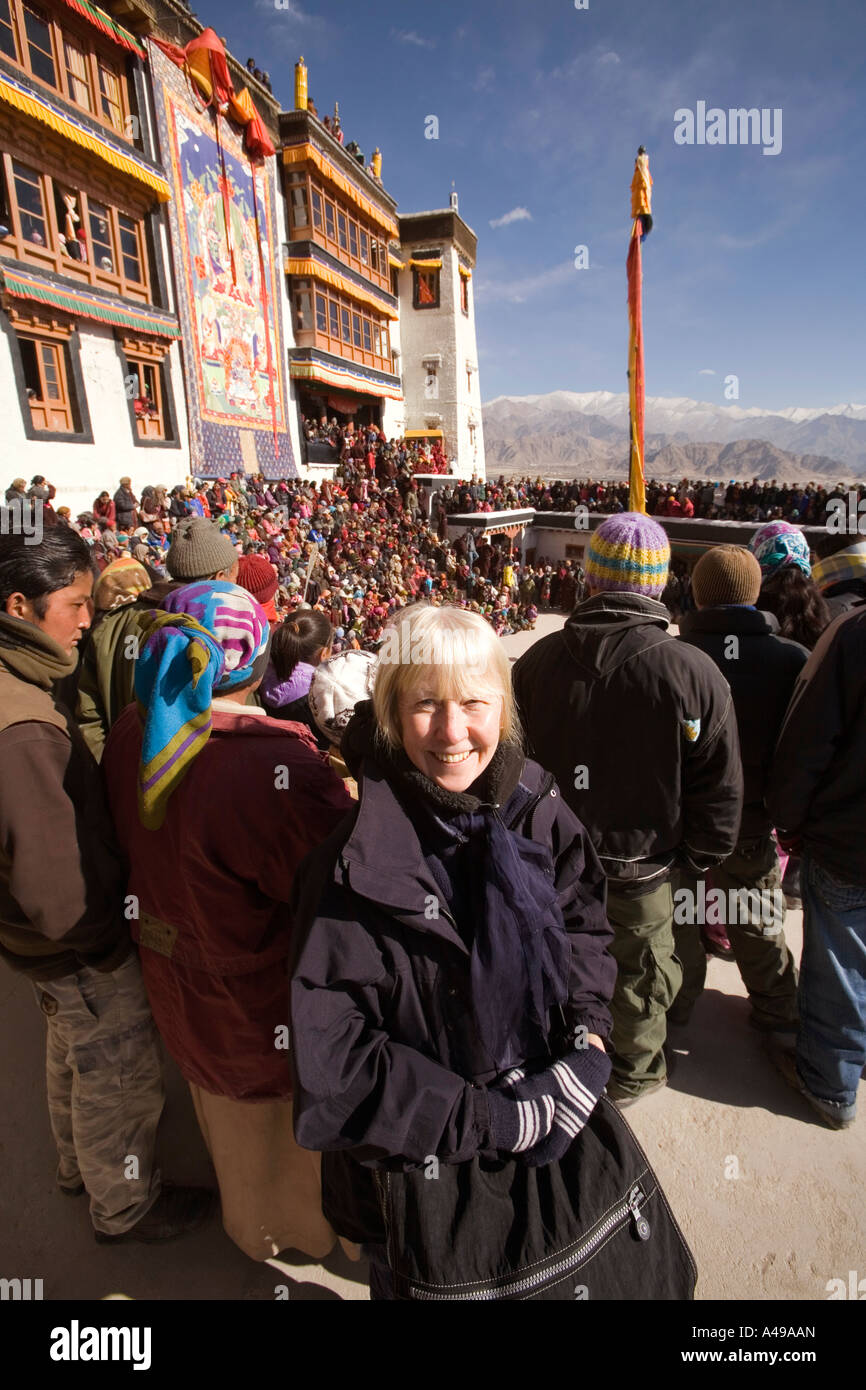 India Ladakh Leh Valley Spitok Gompa festival female western tourist in ...
