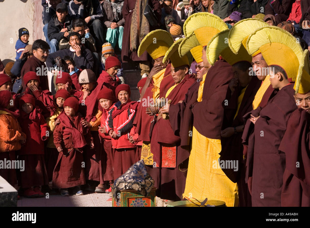 India Ladakh Leh Valley Spitok Gompa festival yellow hatted monks of ...