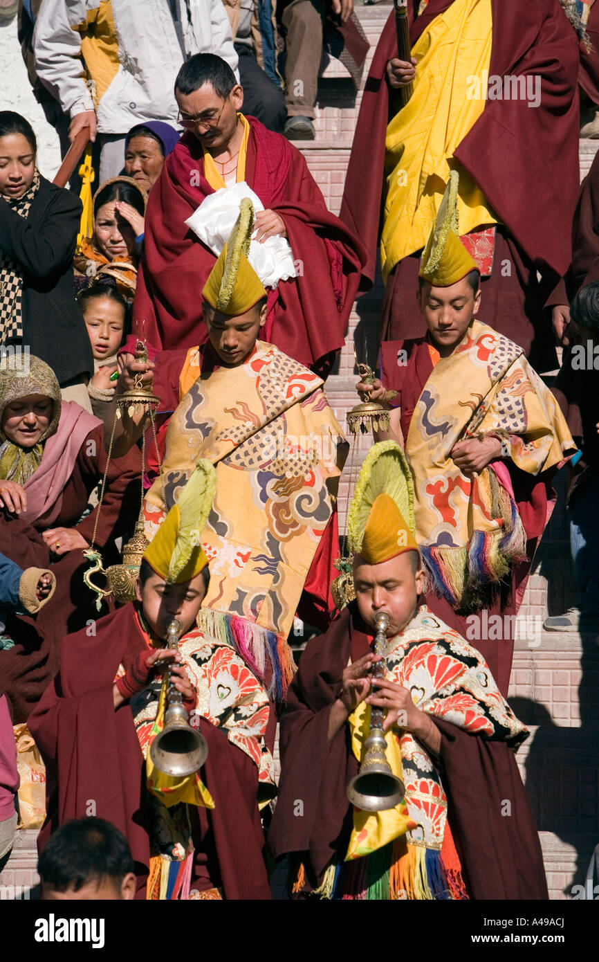 India Ladakh Leh Valley Spitok Gompa festival procession of musicians ...