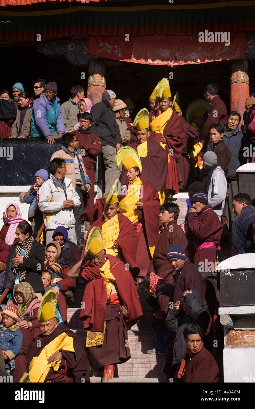 India Ladakh Leh Valley Spitok Gompa festival yellow hatted monks ...