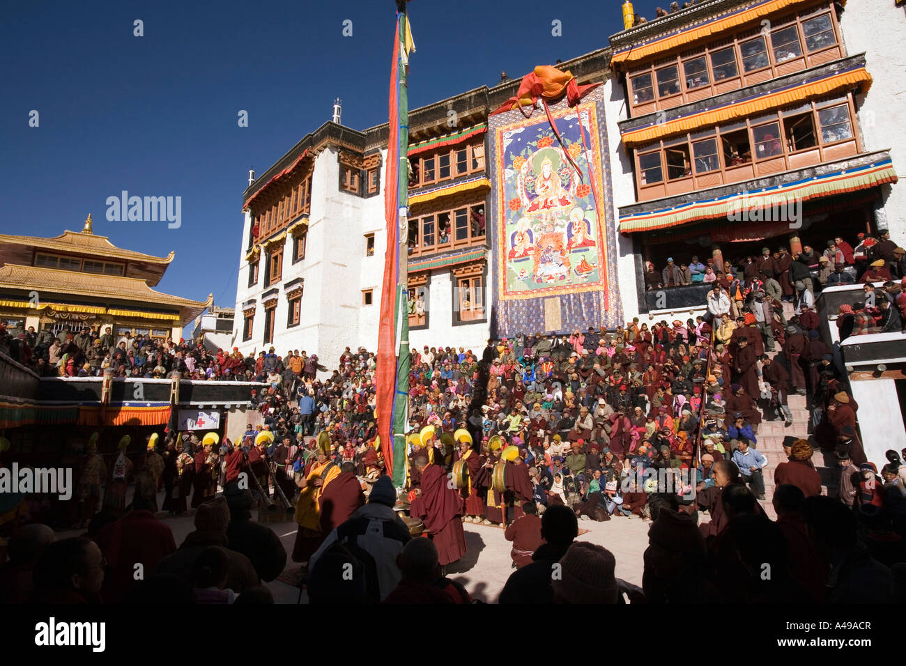 India Ladakh Leh Valley Spitok Gompa festival yellow hatted monks ...