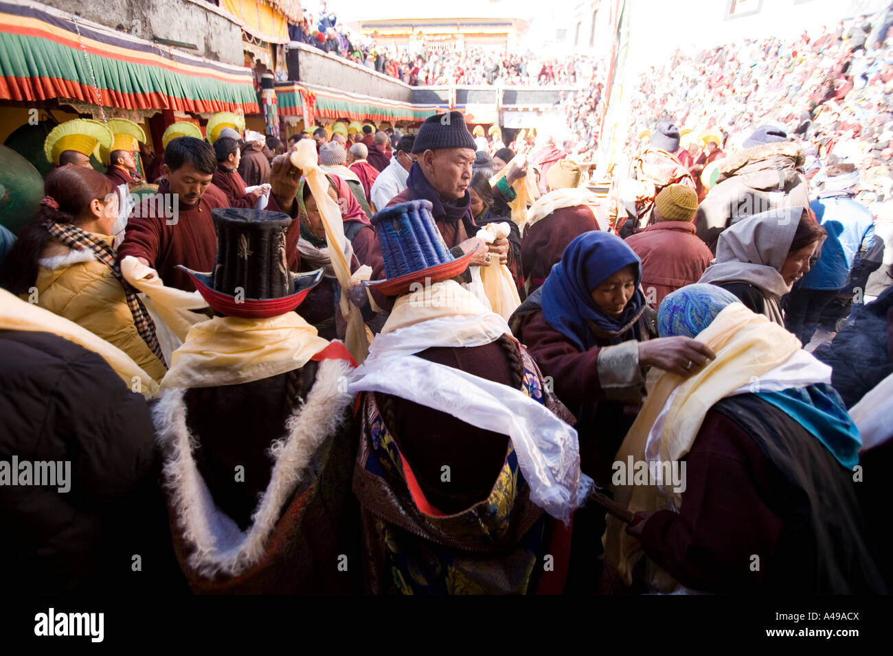 India Ladakh Leh Valley Spitok Gompa festival monks presenting kata to ...