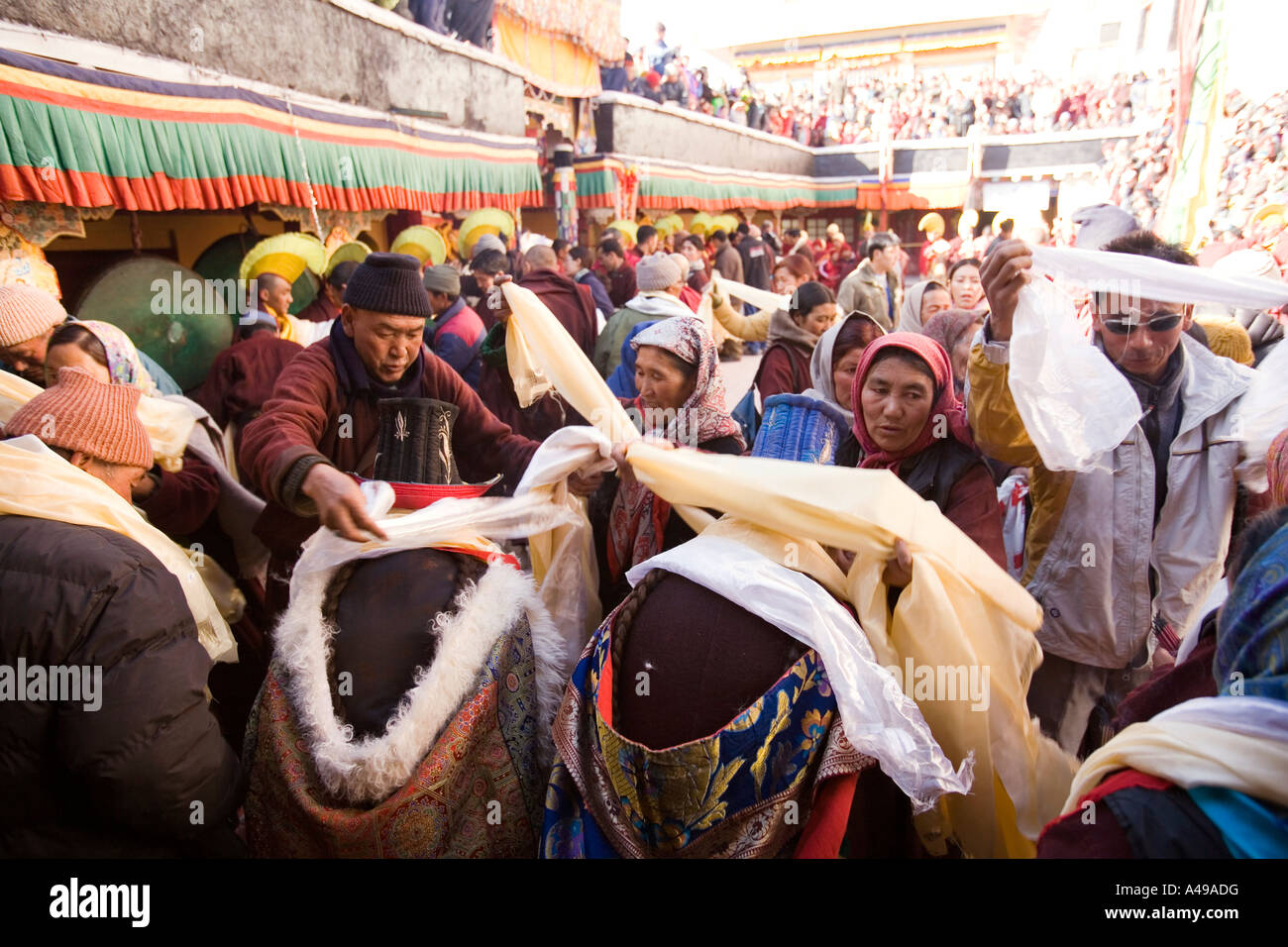 India Ladakh Leh Valley Spitok Gompa festival monks presenting kata to ...