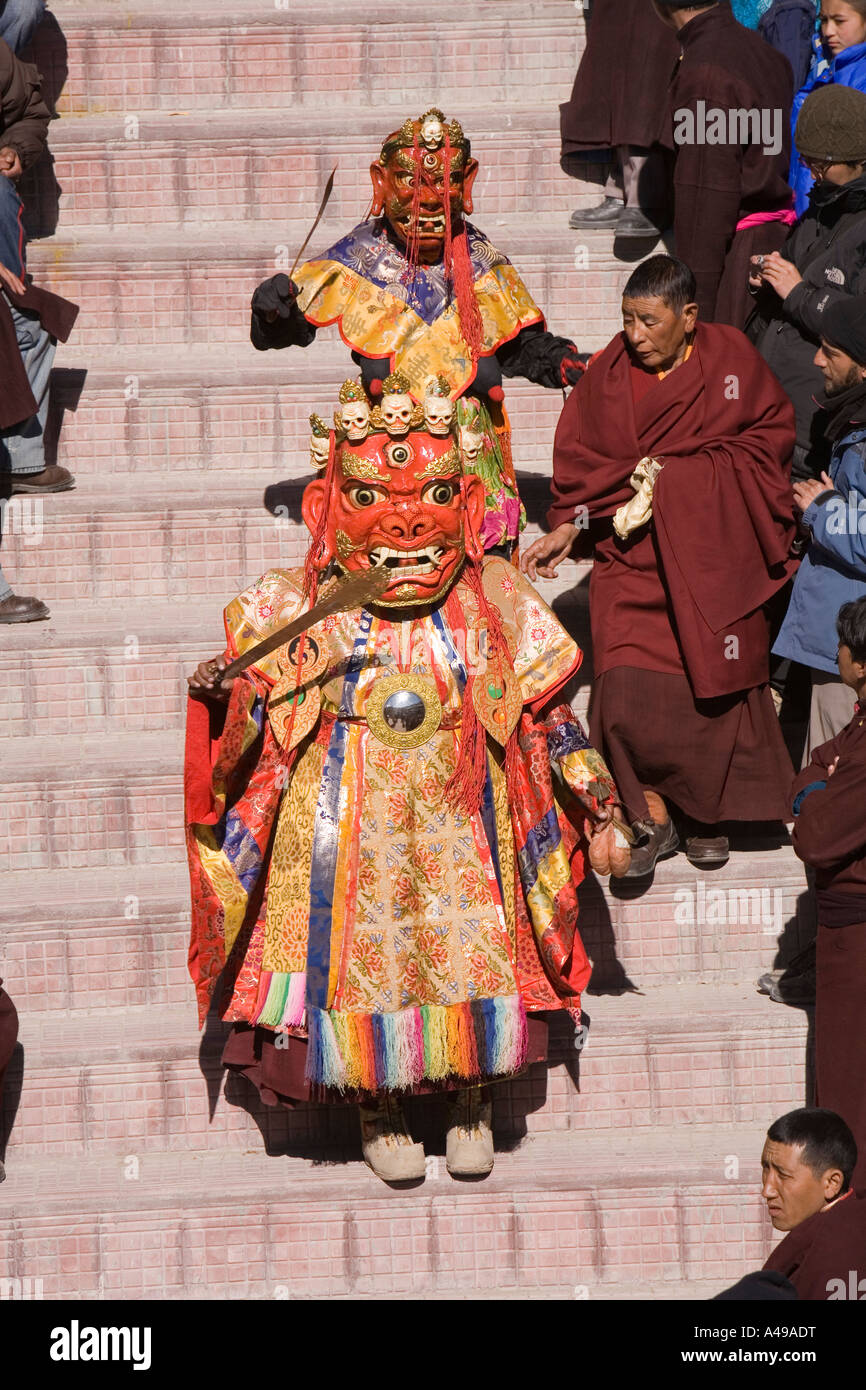 India Ladakh Leh Valley Spitok Gompa festival demon masked costumed ...