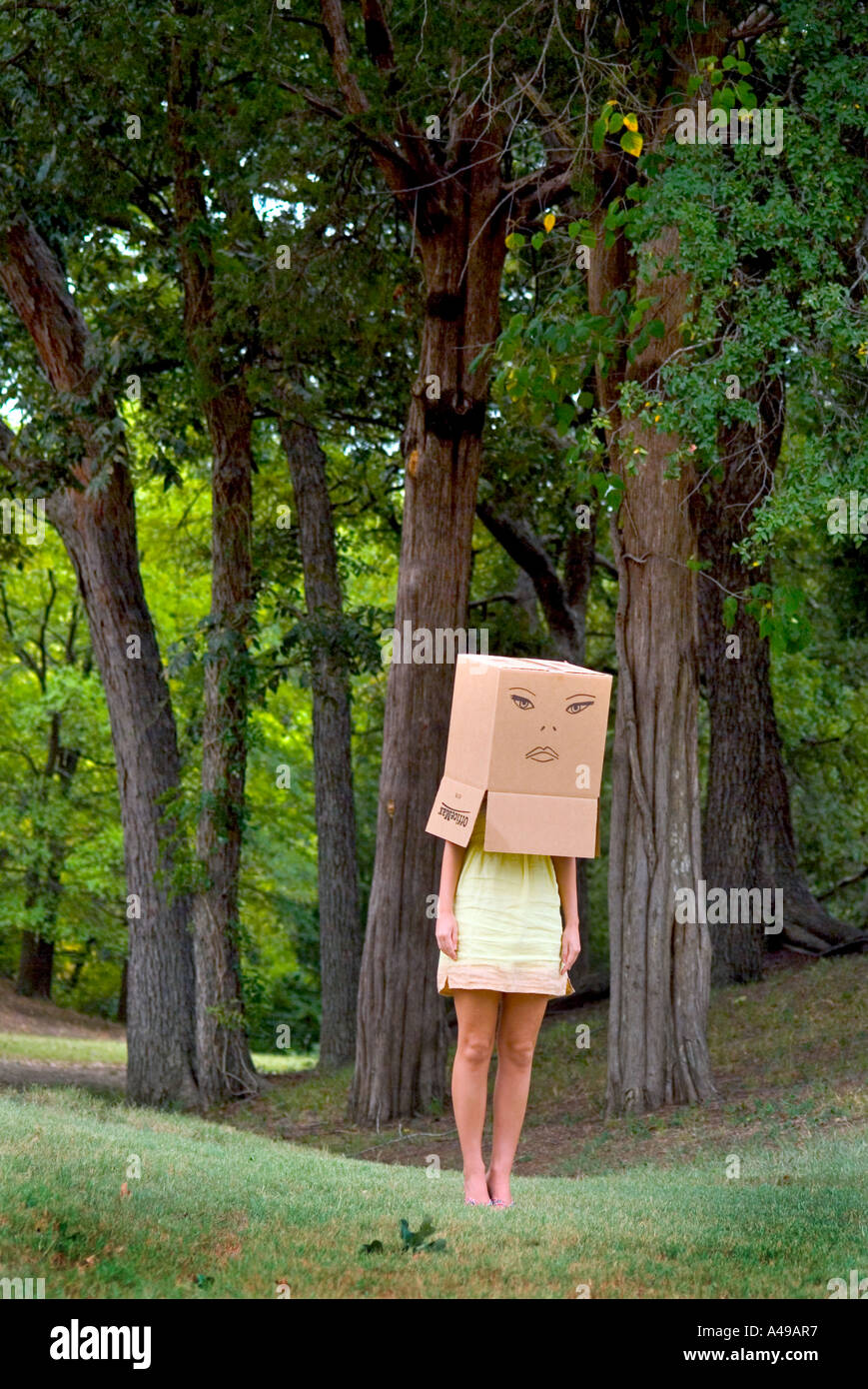 Woman wearing a cardboard box on head with a cartoon face drawn on it ...