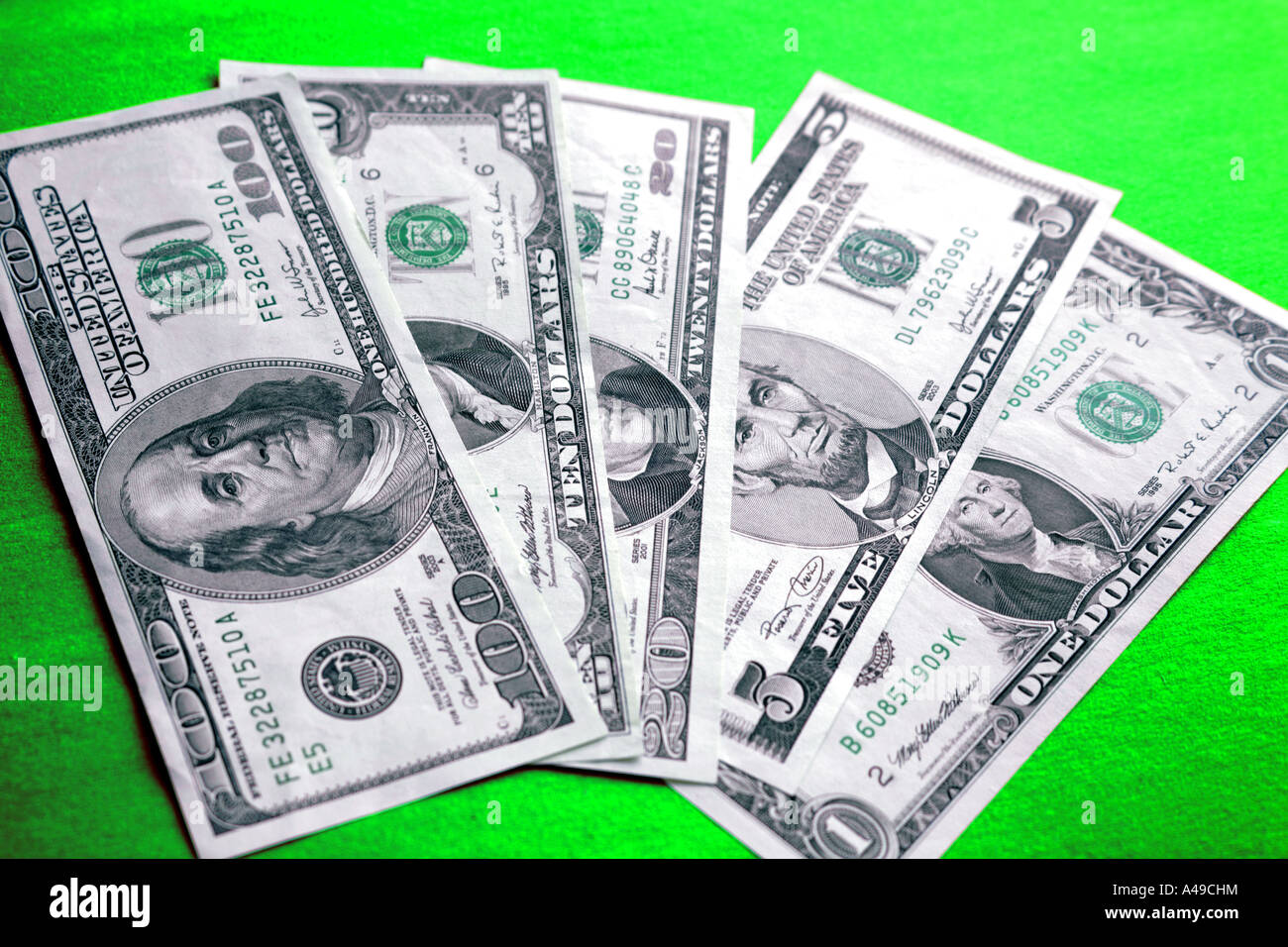 U.S. banknotes on green background Stock Photo - Alamy