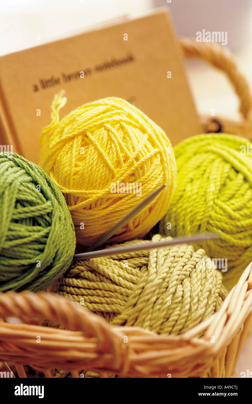 Close-up of balls of wool and a book in a basket Stock Photo - Alamy