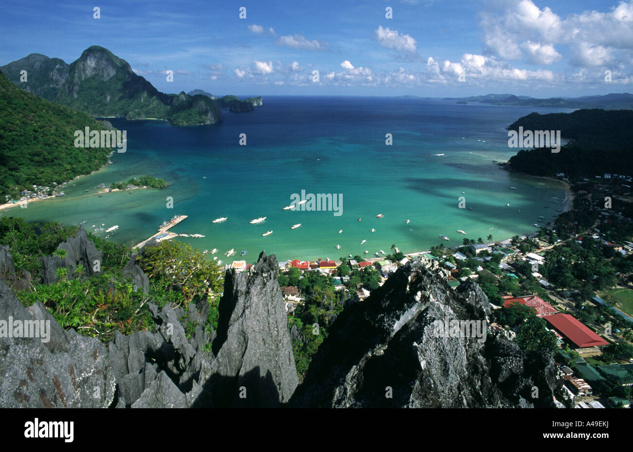 View from limestone cliff high above El Nido bay Palawan Philippines ...