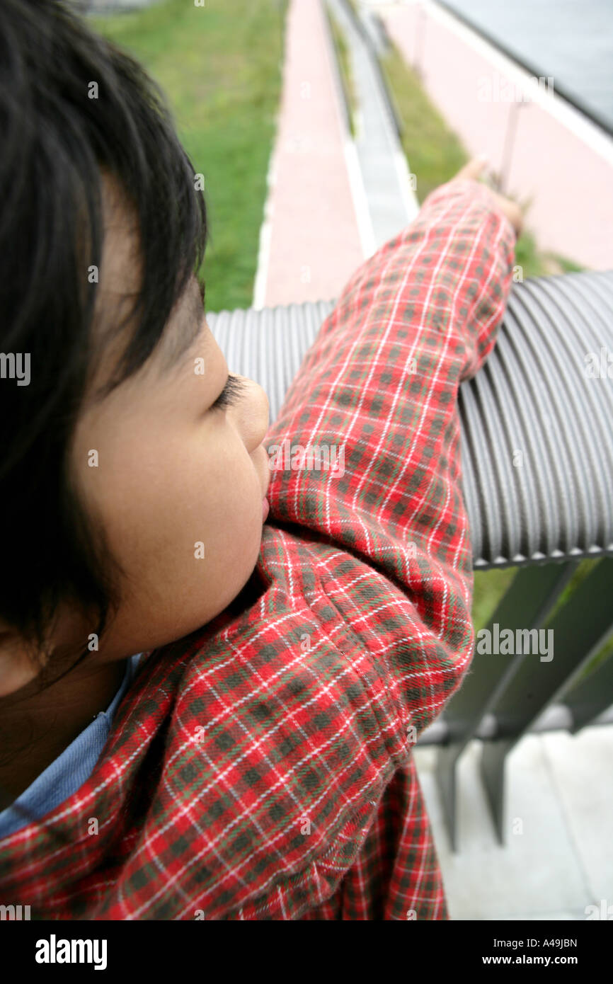 Rear view of a boy pointing forward Stock Photo - Alamy
