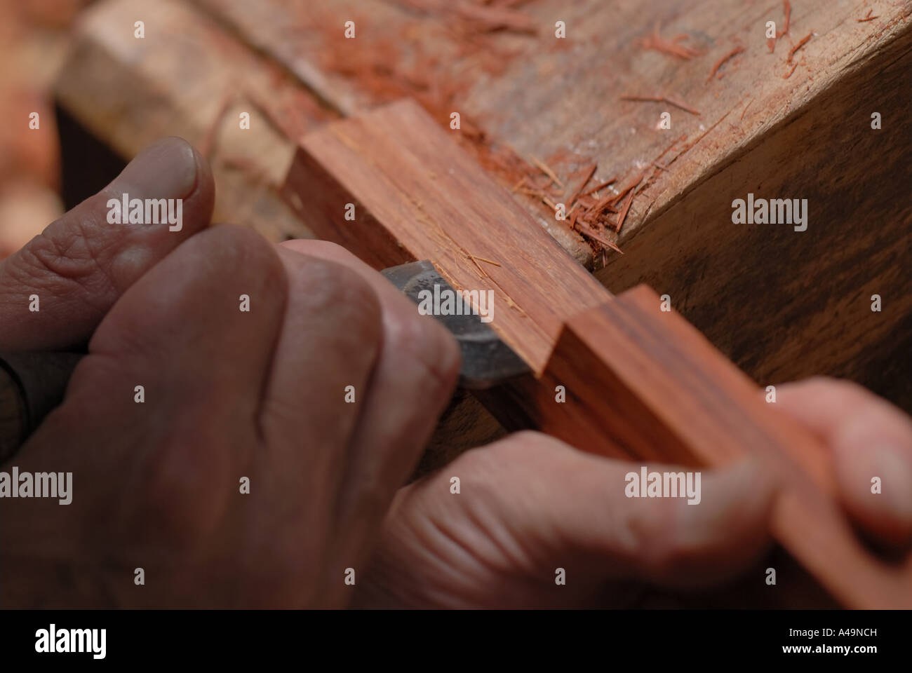 Close up of a carpenter s hands peeling wood with a chisel Stock Photo ...