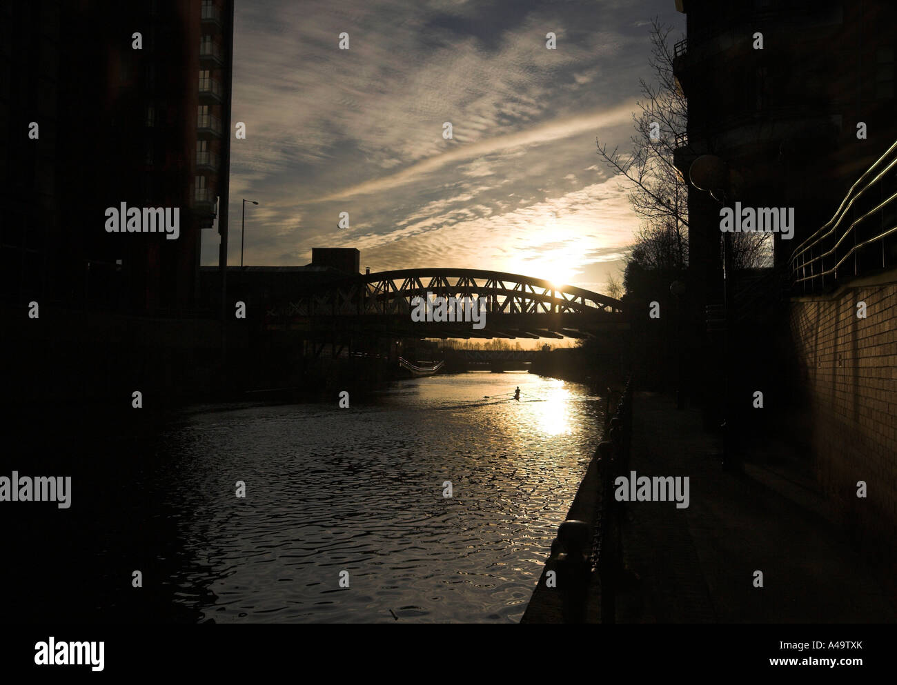 Rower on the River Irwell, looking towards Irwell Street Bridge ...