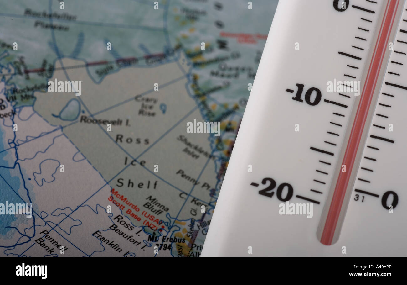 Antarctica Map and thermometer showing warming Stock Photo - Alamy