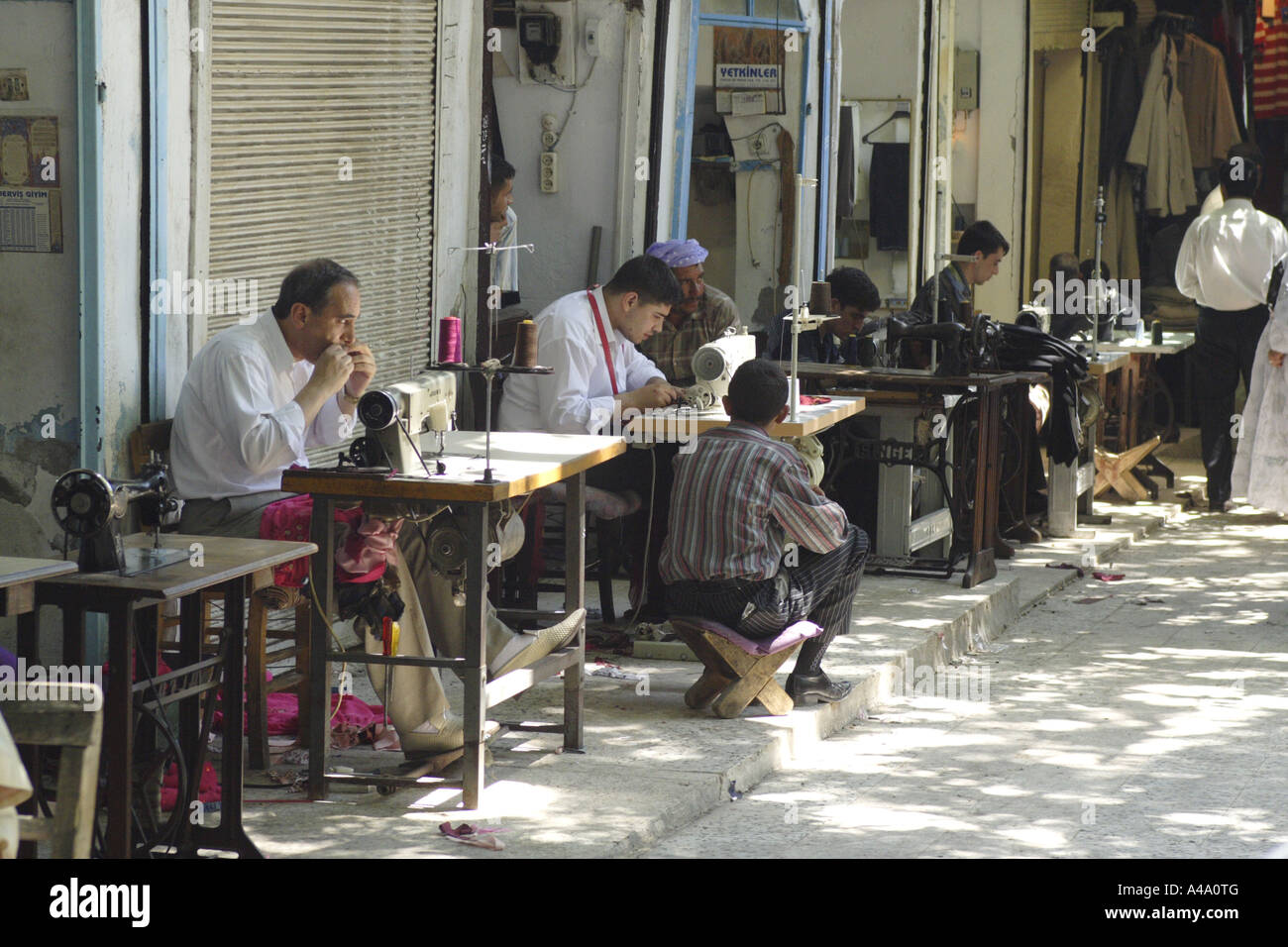 dressmakers with old sewing machines on a Turkish bazar, Turkey Stock ...