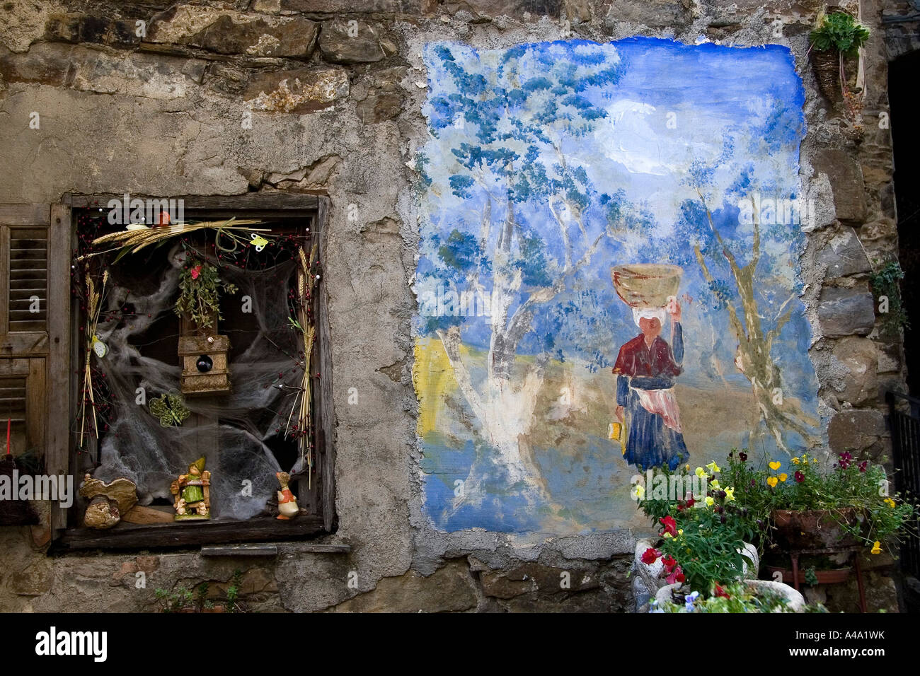 Typical painting on wall Apricale Ligury Italy Stock Photo - Alamy
