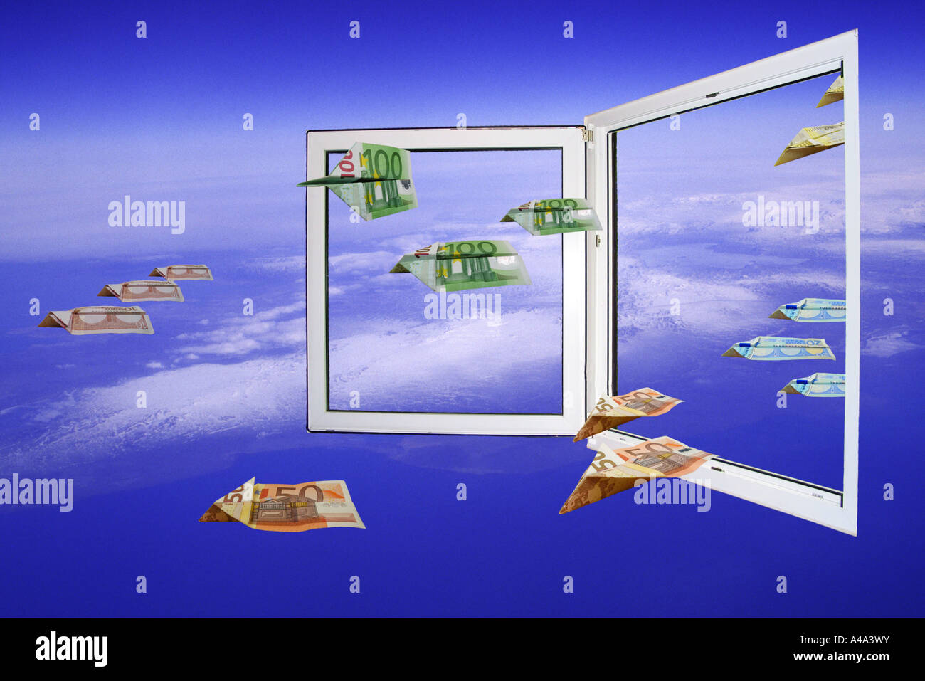 euro banknotes aeroplanes flying through the window Stock Photo - Alamy