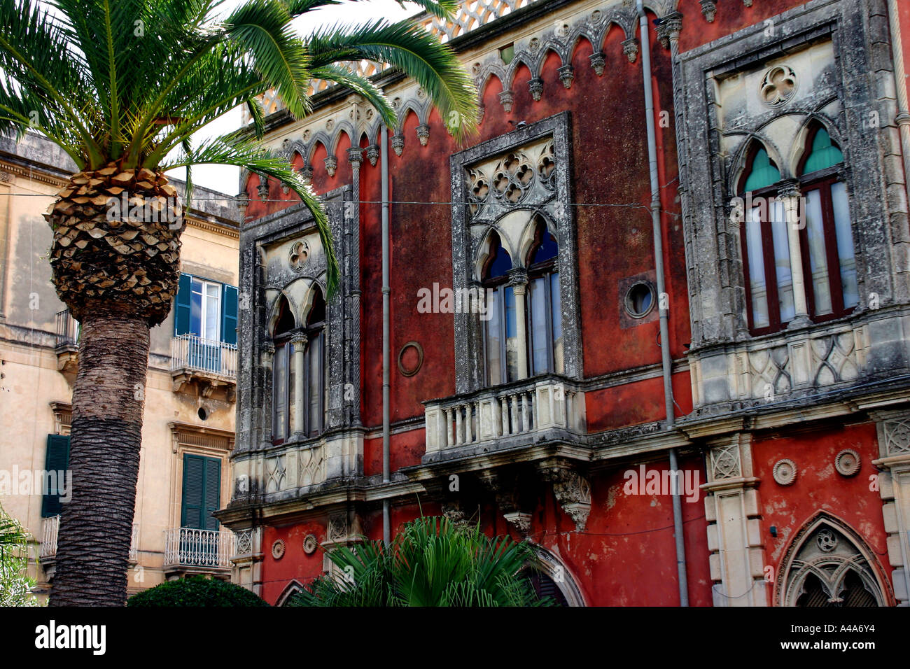 The Venetian style facade of a house on the Island of Ortygia Syracuse ...