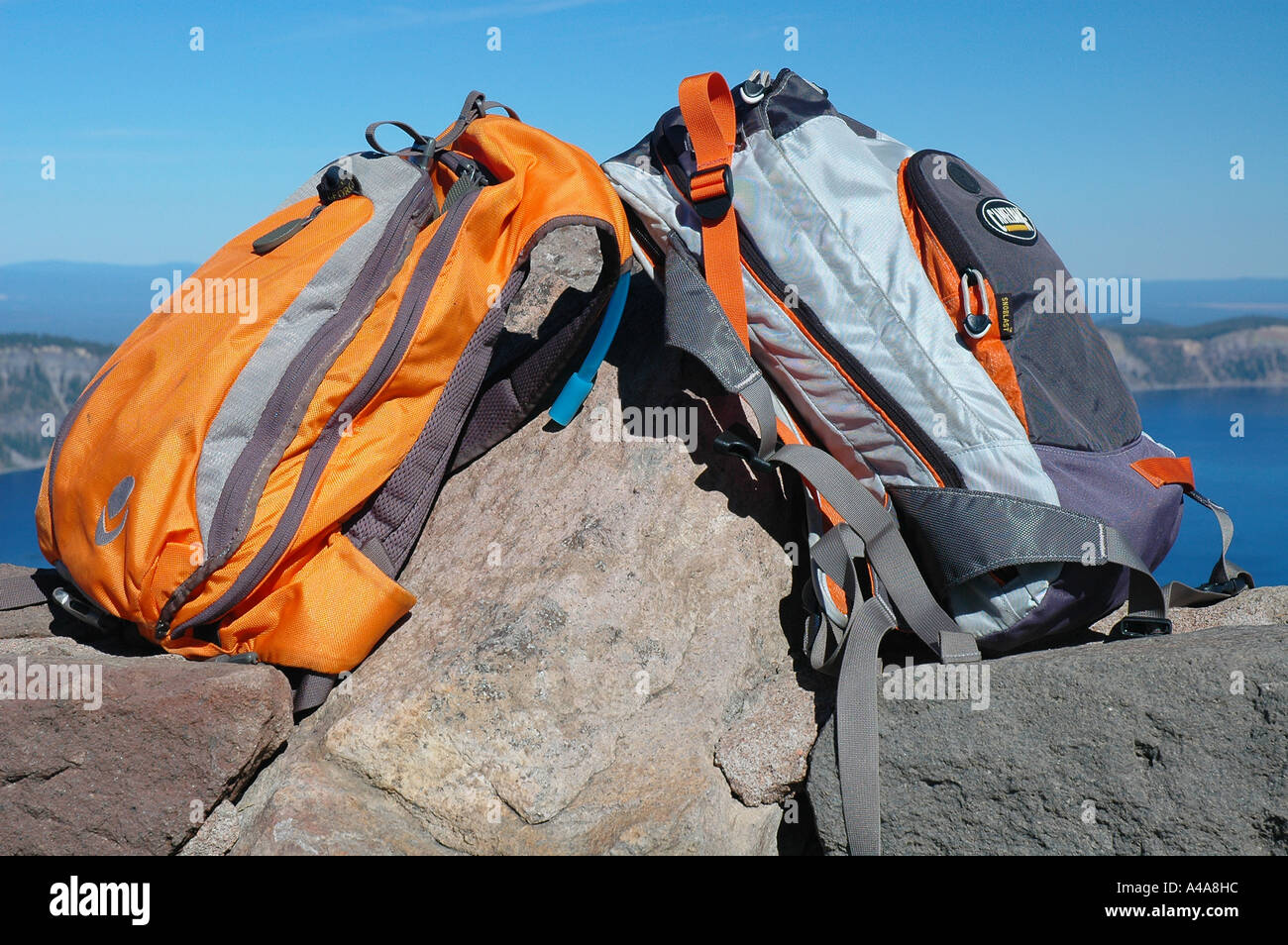 Orange Hiker's Backpacks Lean Stock Photo - Alamy