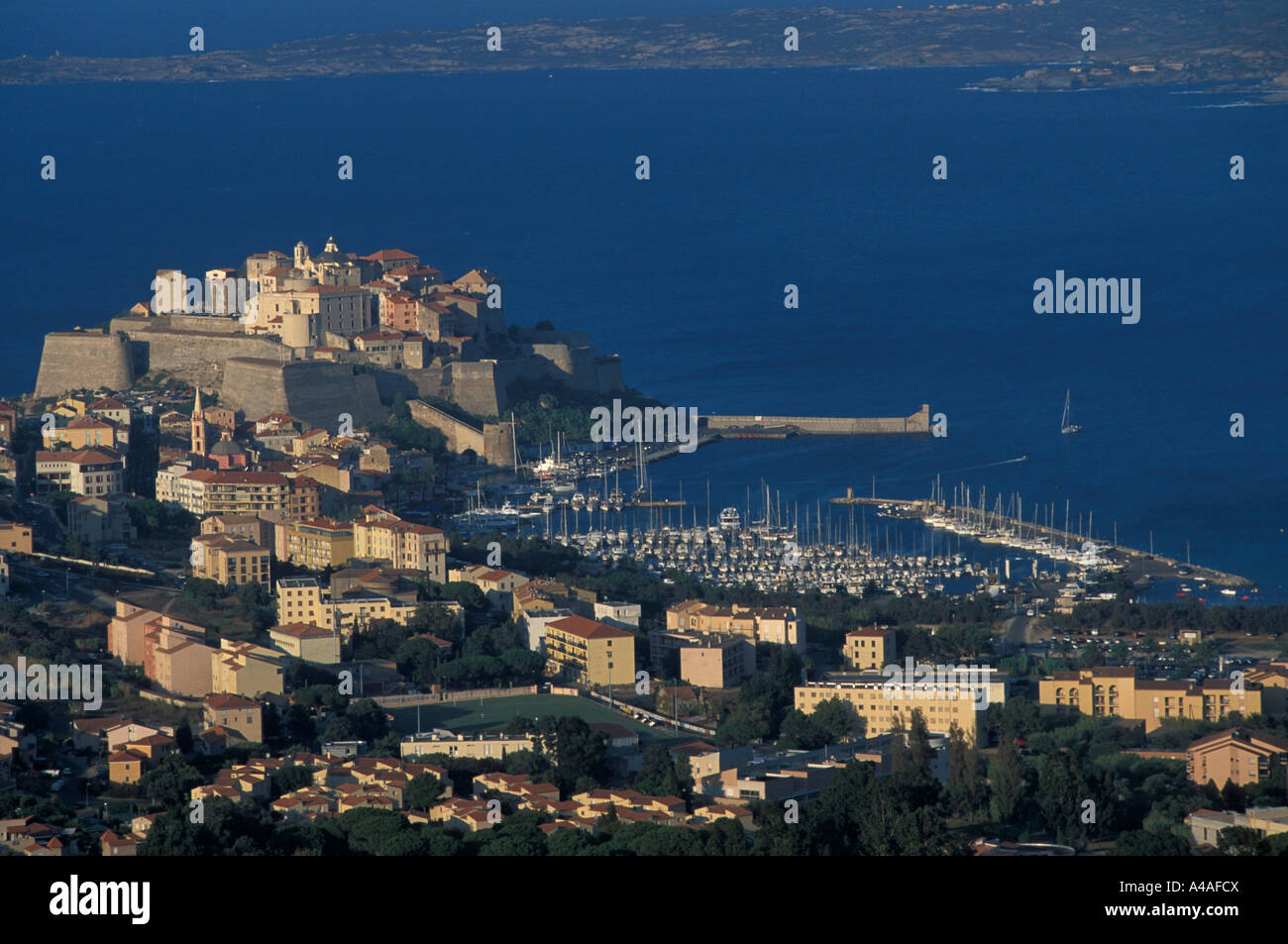 View of the port and oh the town Calvi Corsica island France Europe ...