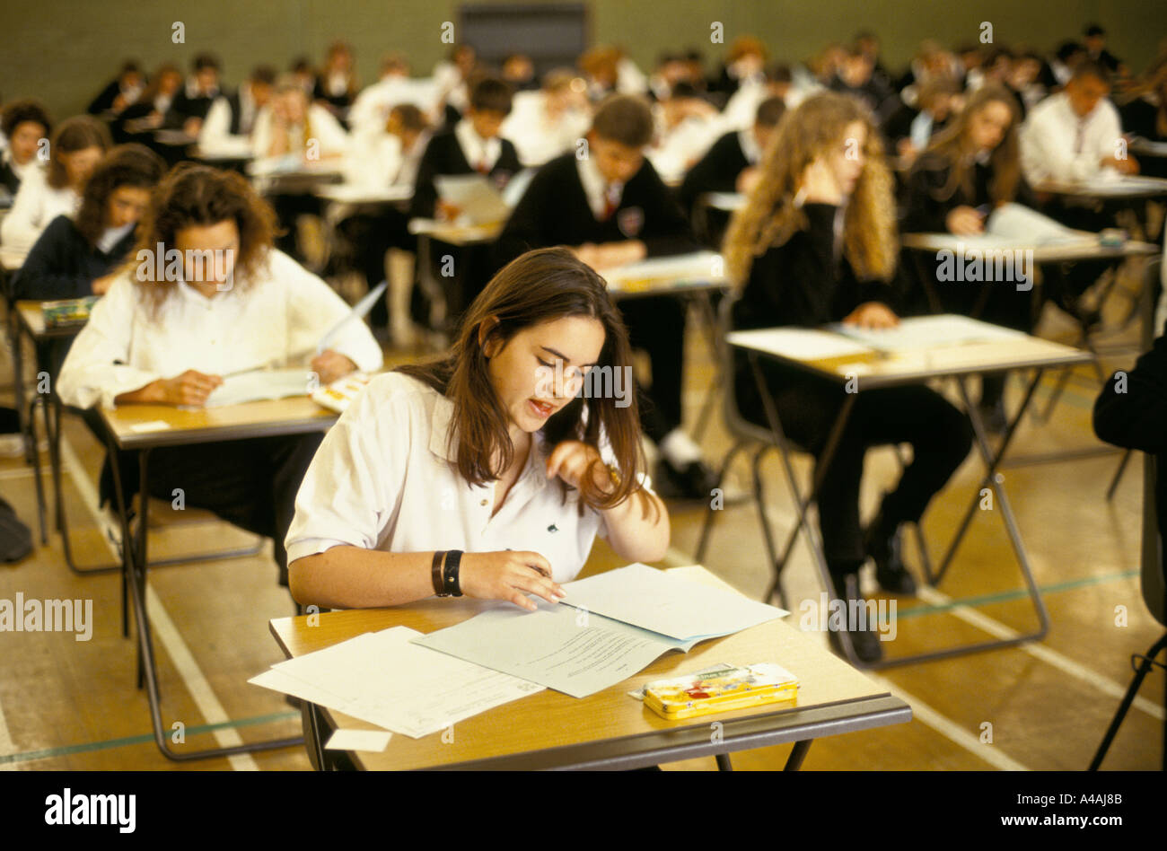 girl sitting gcse examination redborne school in bedfordshire 1994 ...