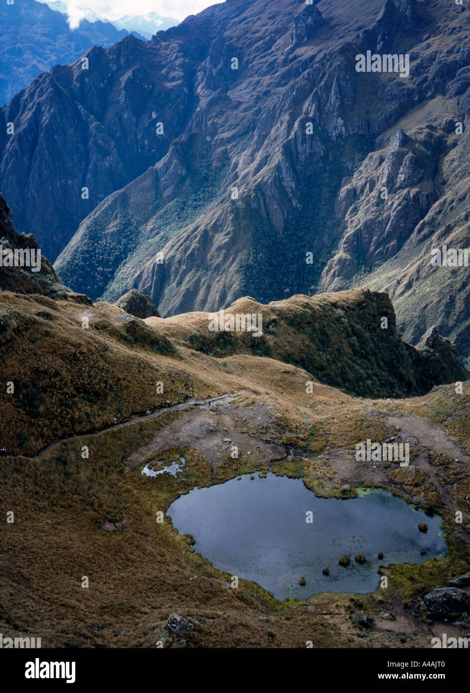 A small lake just below the crest of Dead Woman Pass on the Inca Trail ...