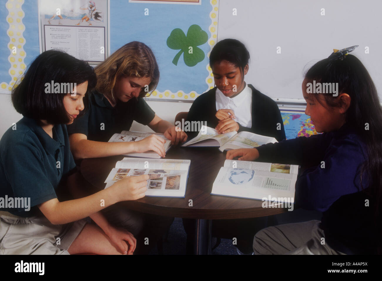 Four multicultural middle school girls study together at a table Stock ...