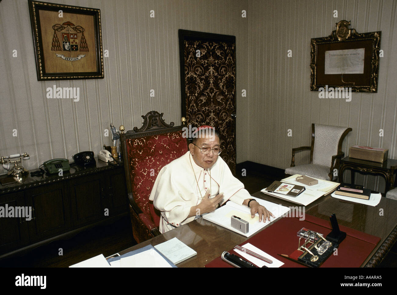 Cardinal Sin in his office in Mandaluyong Palace, Manila, Philippines ...