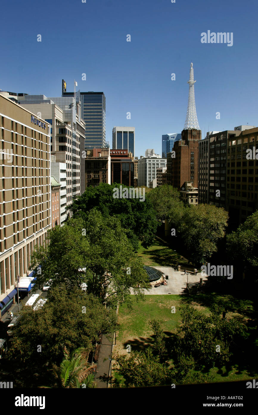 An unusual view of central Sydney Wynyard Park in Sydney with AWA radio ...