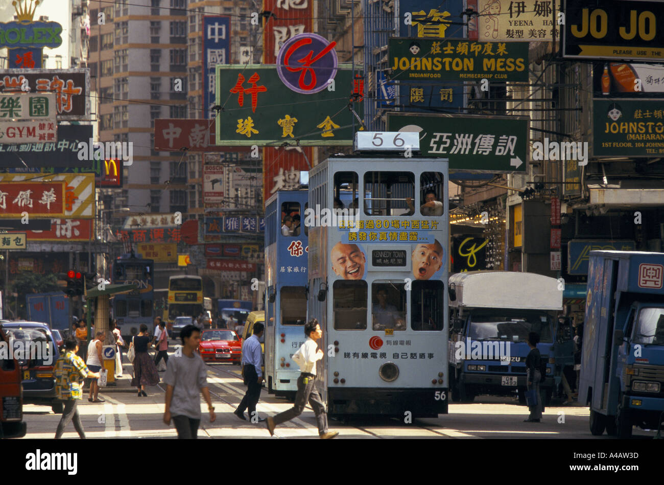 STREET SCENE WITH TRAMS, TRAFFIC, SIGNS & PEDESTRIANS, 1996 Stock Photo ...