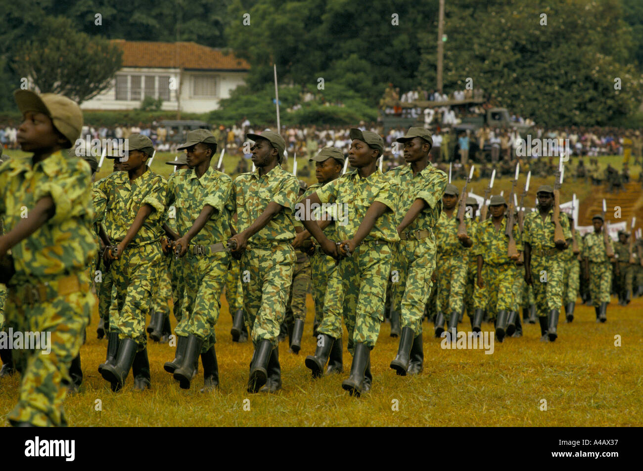 uniformed soldiers marching with guns bayonets at celebration of first ...