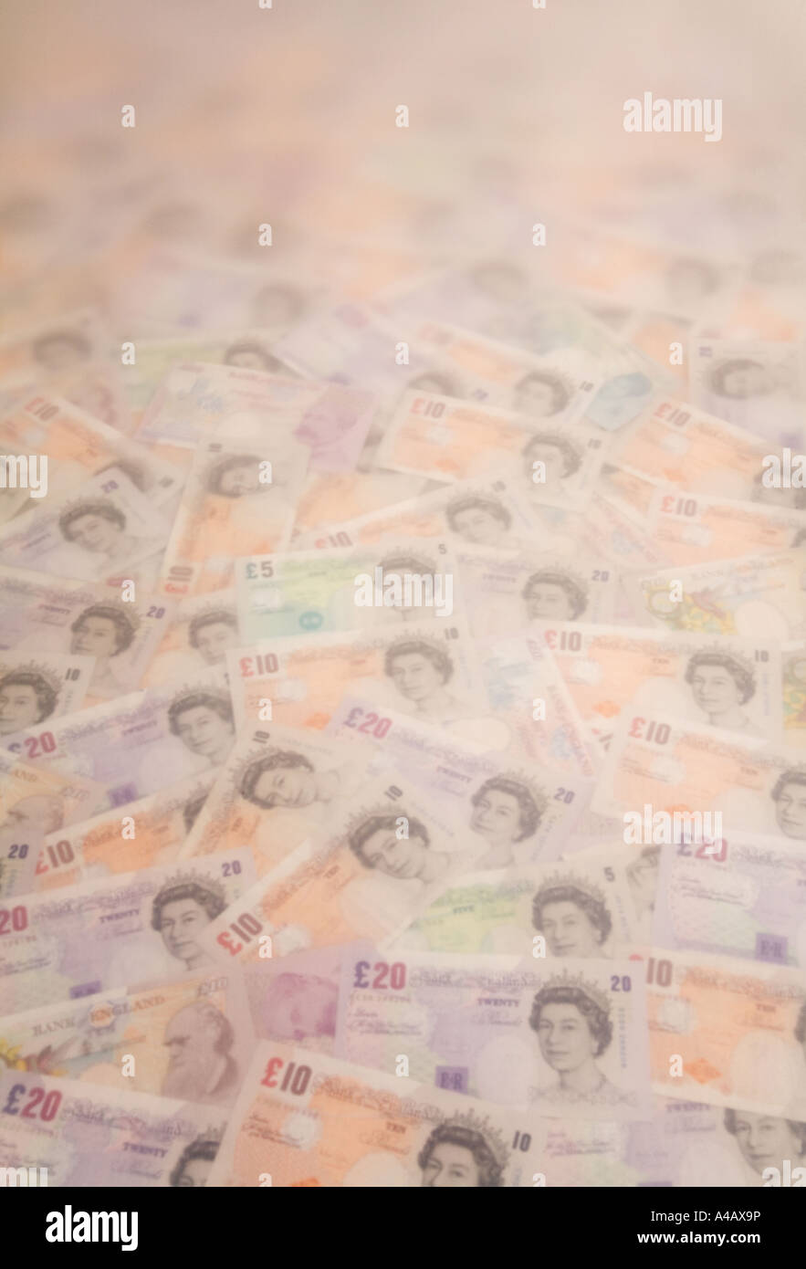 Used 5 10 and 20 pound notes with soft focus for background use Stock ...