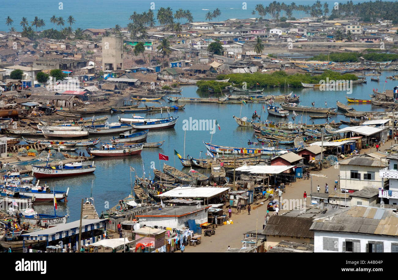 View over Elmina harbour and fish market from the ex fortress of the ...