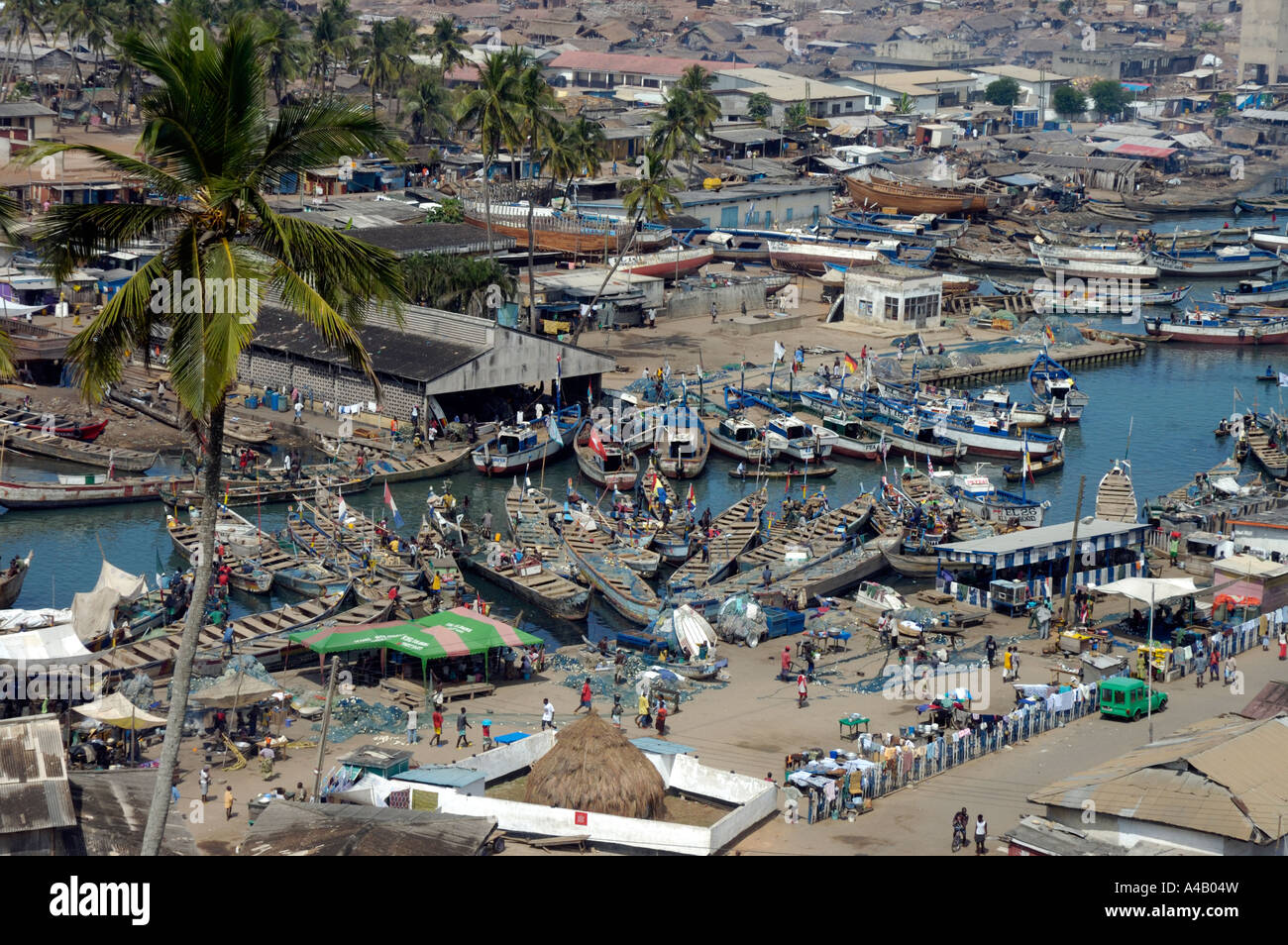View over Elmina harbour and fish market from the ex fortress of the ...