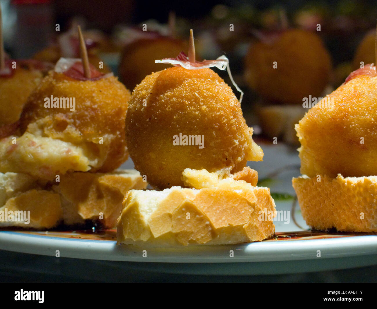 Pintxo (tapas) on counter in bar, Plaza Nueva, Casco Viejo, Bilbao ...